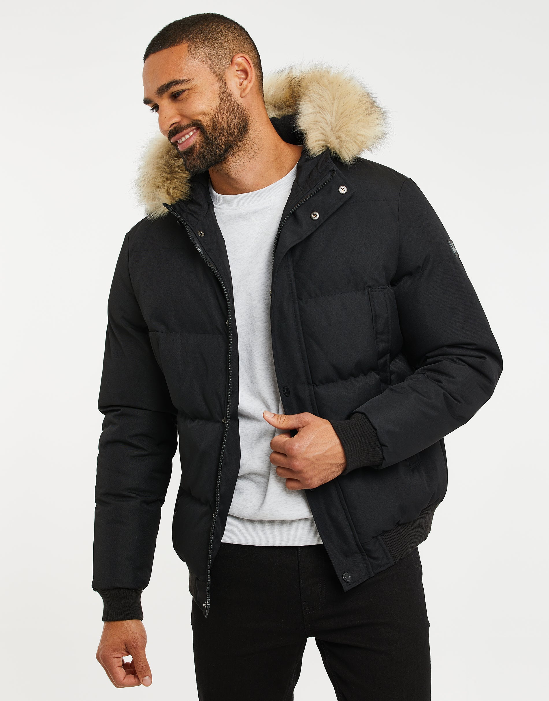Threadbare Men's Black Faux Fur Trim Padded Parka Jacket Puffer Coat