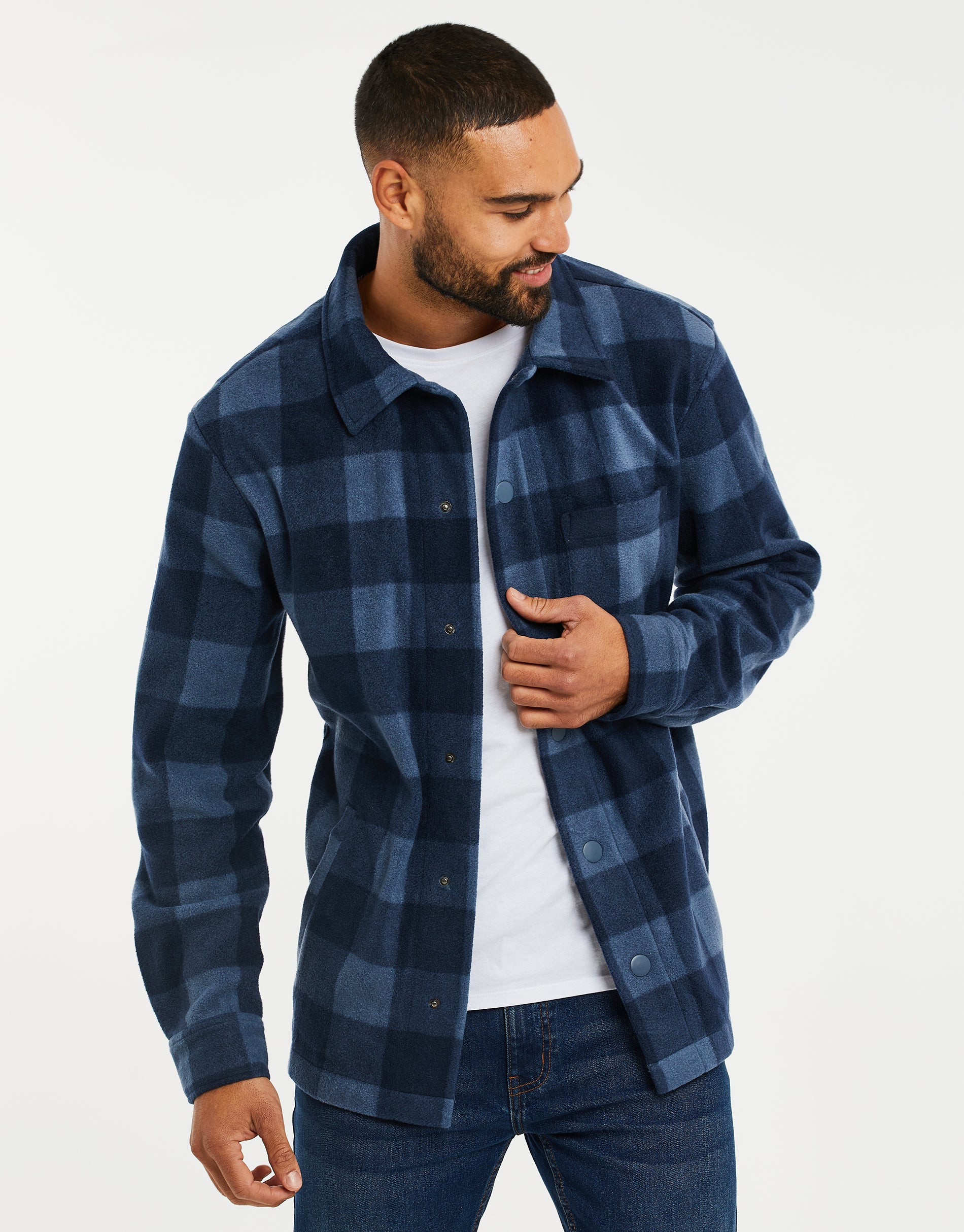 Threadbare Men's Blue Check Button Through Faux Borg Outdoor Shacket