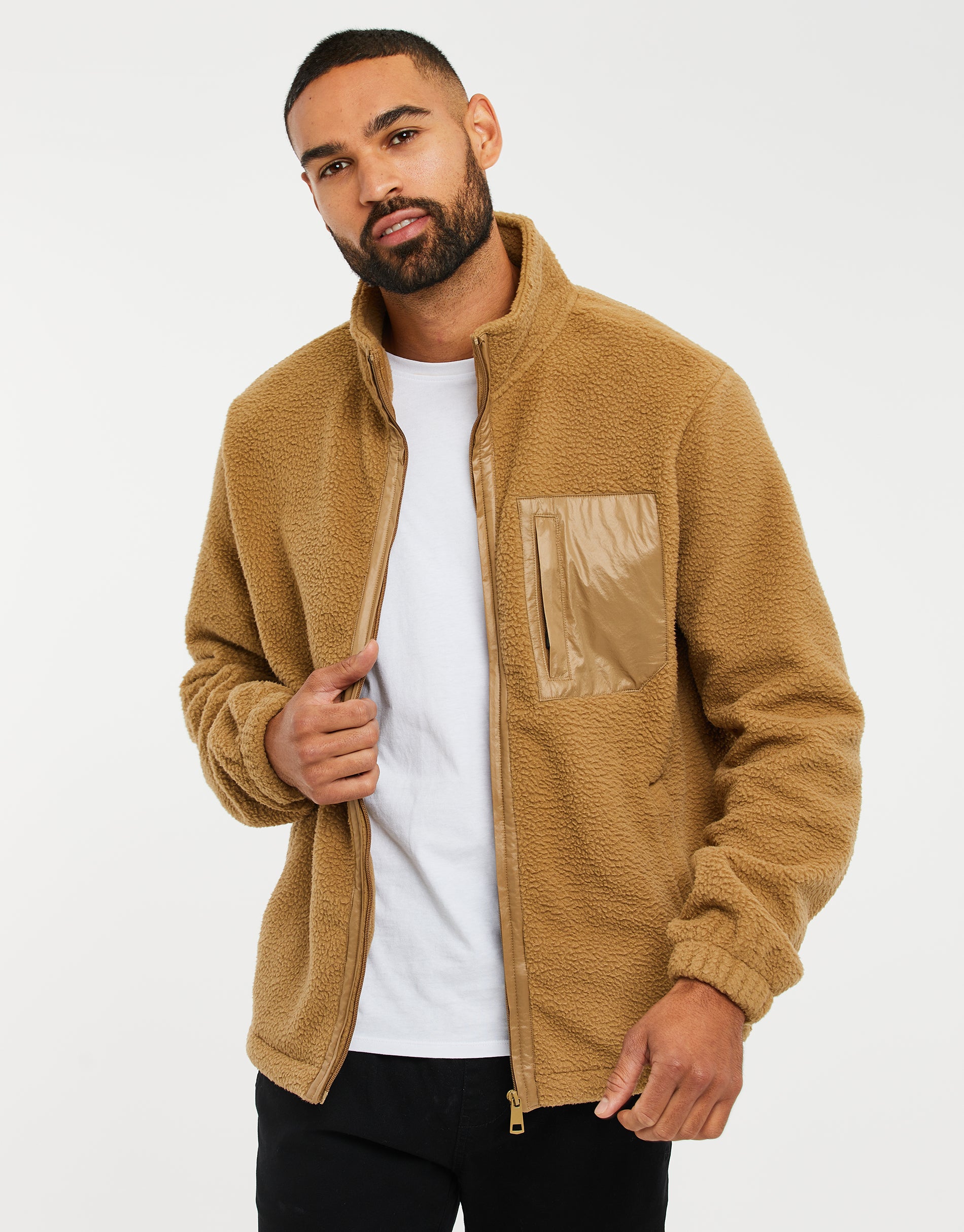 Threadbare Men's Camel Brown Outdoors Zip Through Funnel Neck Faux Borg ...