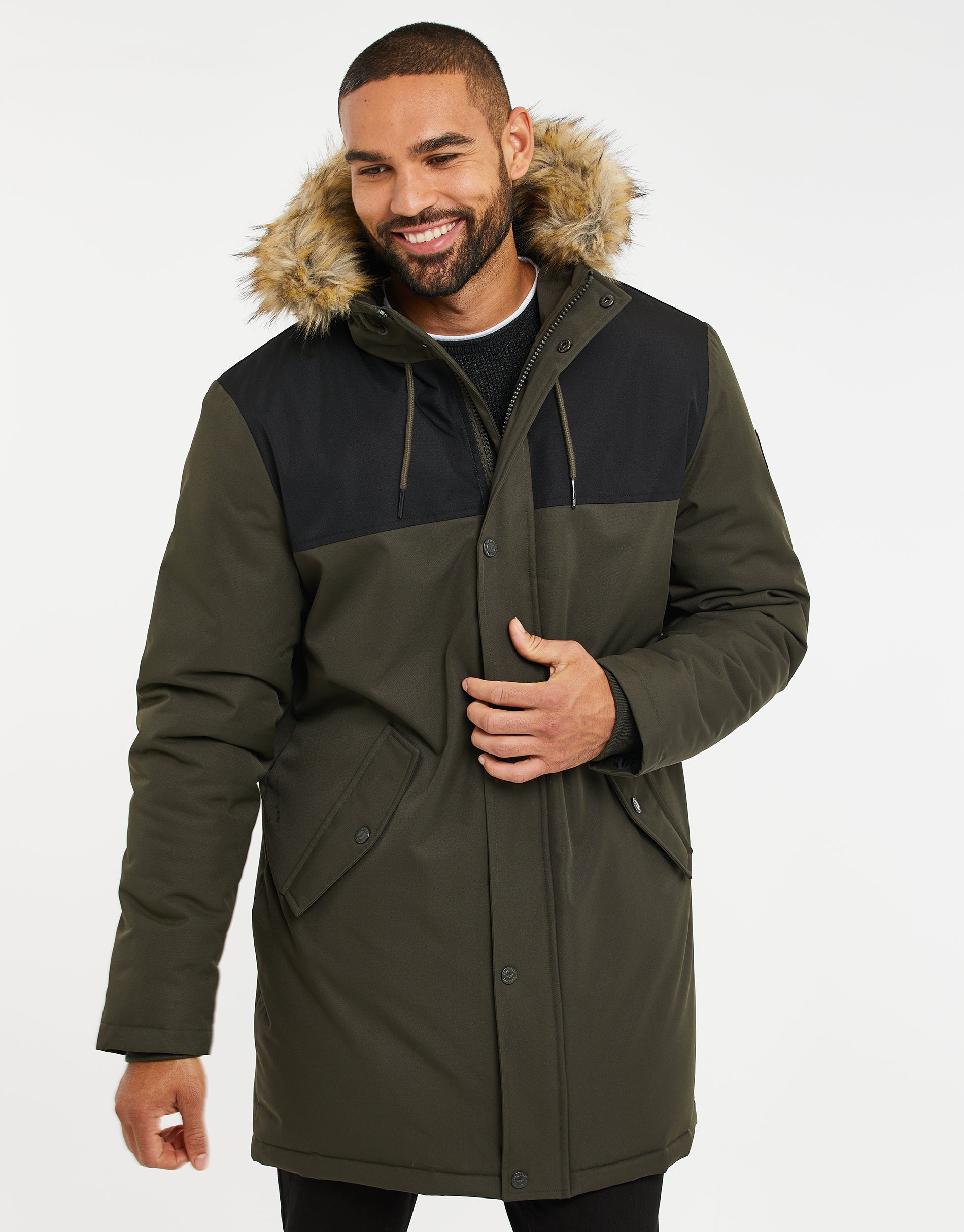 Threadbare Men's Khaki Green & Black Colourblock Hooded Padded Parka Jacket