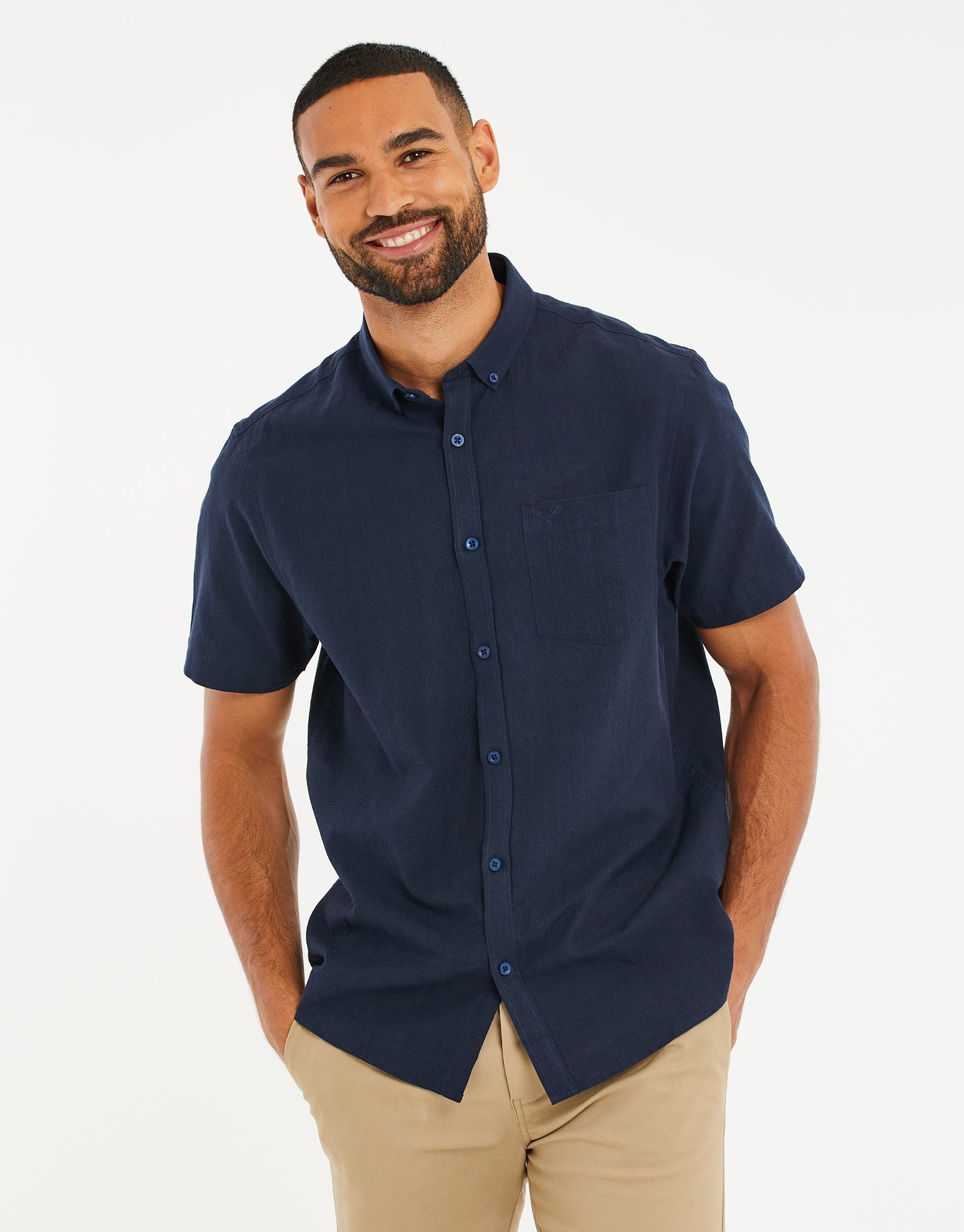 Threadbare Men's Navy Blue Casual Cotton Linen Short Sleeve Shirt