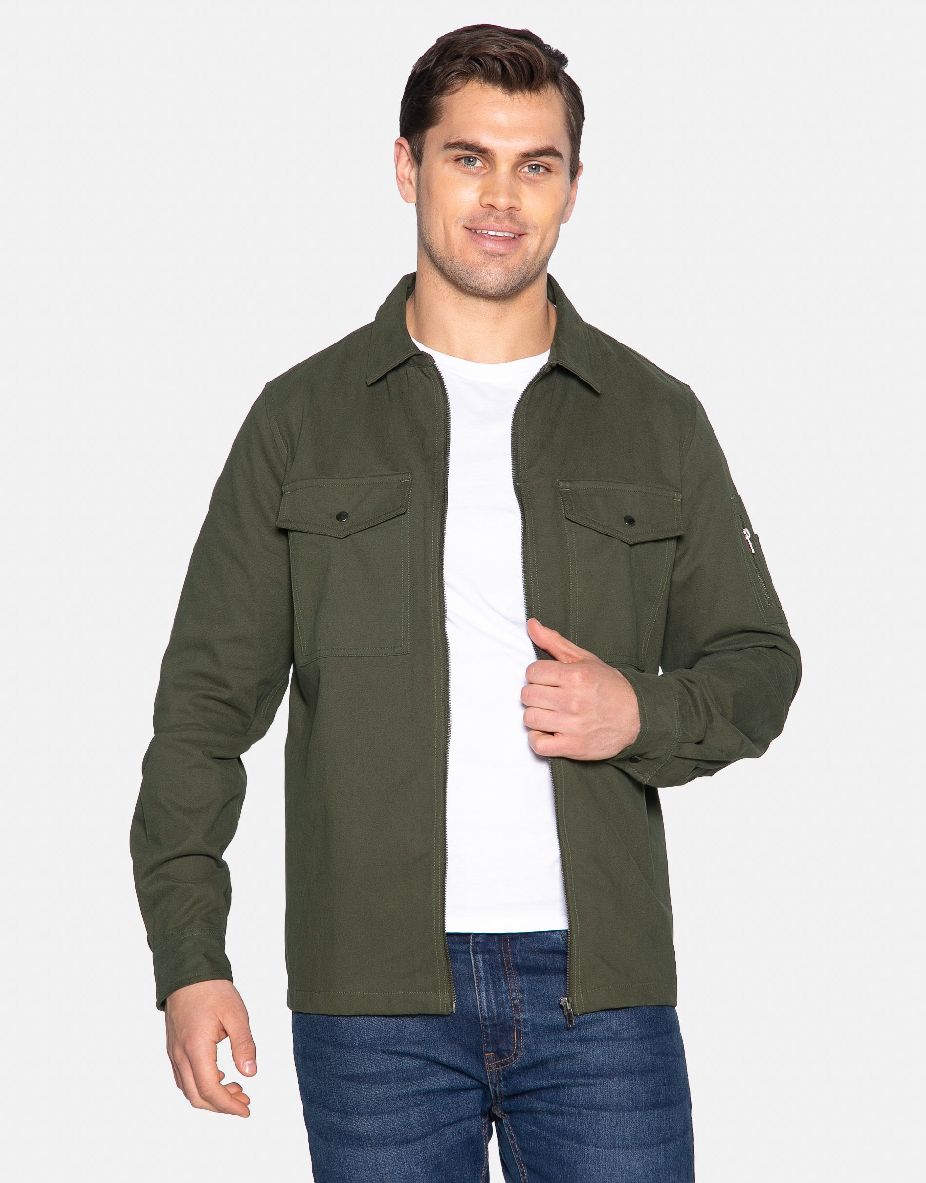 Threadbare Men's Khaki Green Plain Zip-Through Shacket