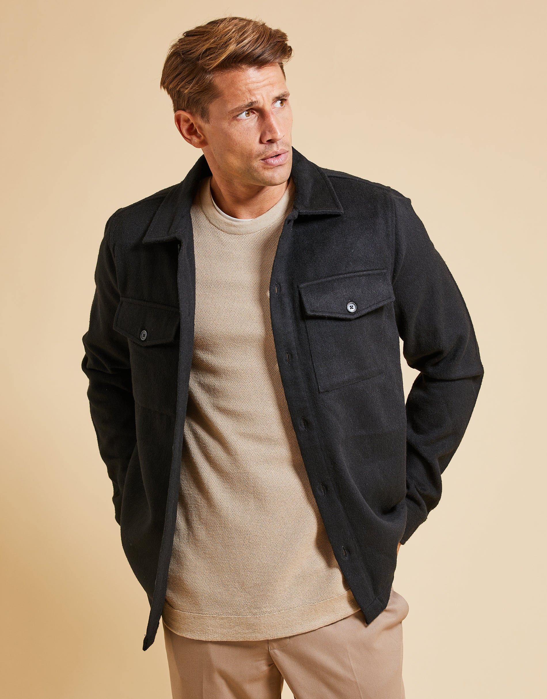 Threadbare Luxe Men's Black Button Up Tailored Brushed Shacket