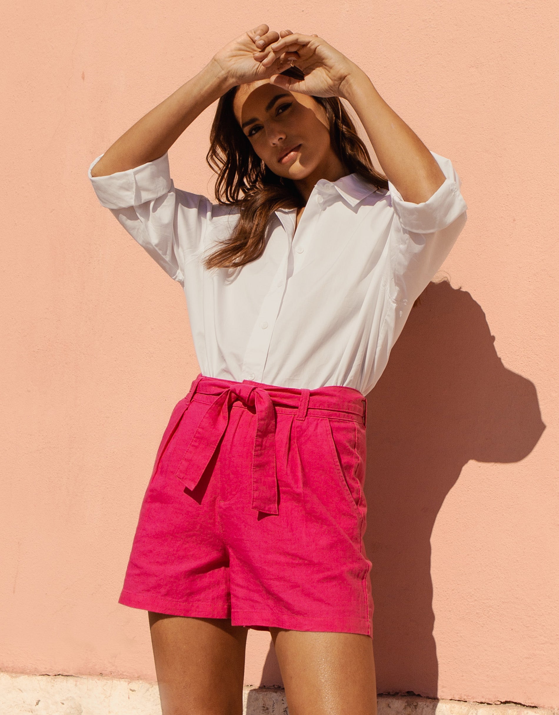 Threadbare Women's Hot Pink Tie Waist Linen Blend Pleated Ladies' Shorts