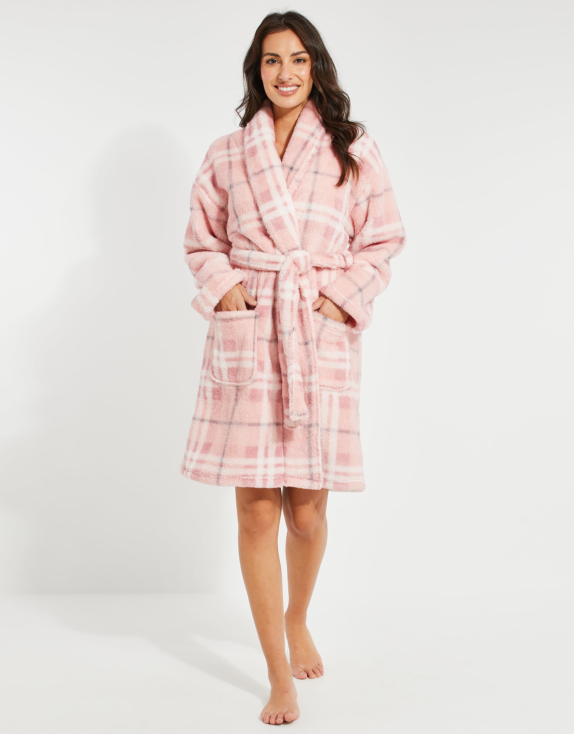 Threadbare Women's Pink Check Print Dressing Gown Ladies' Robe
