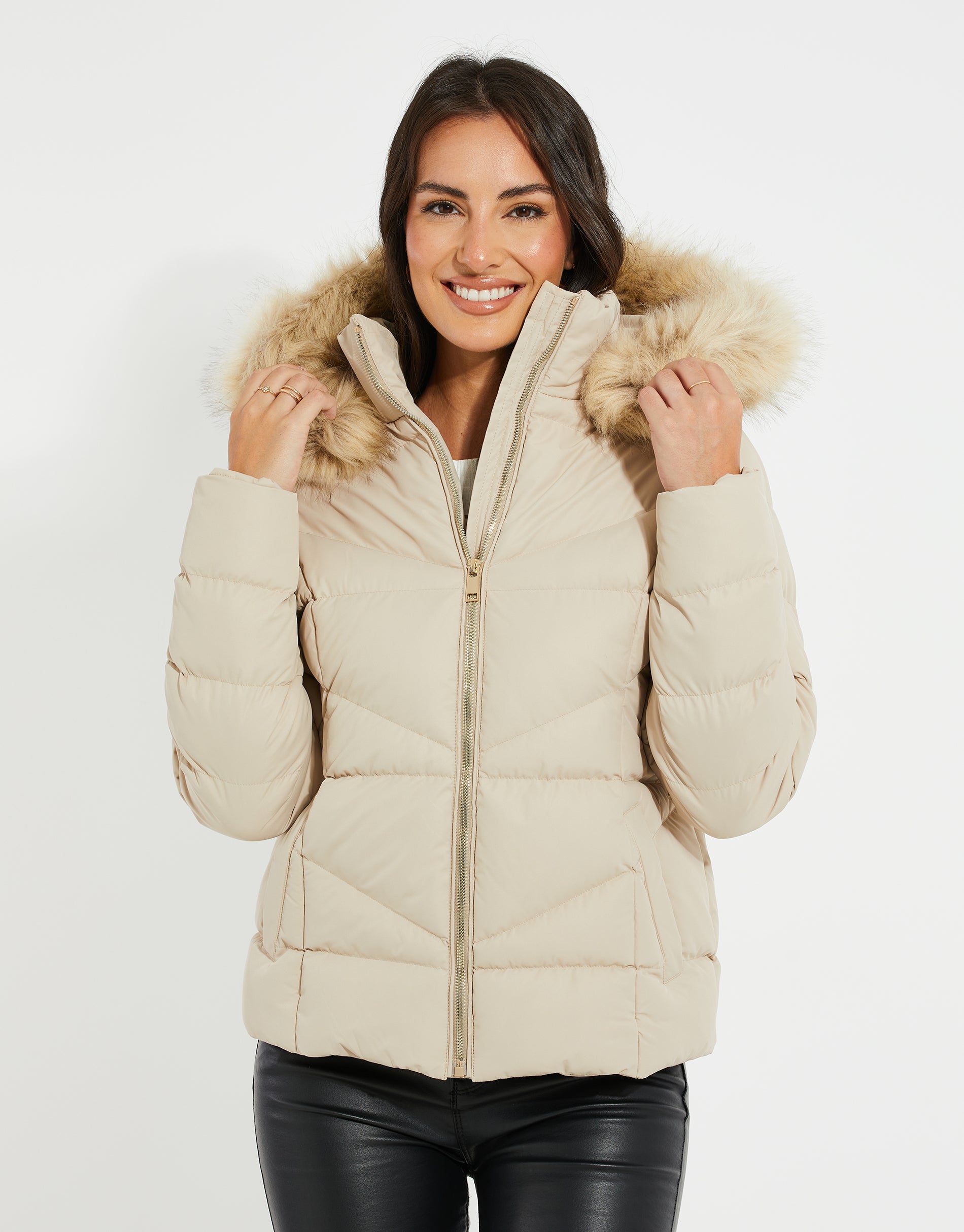 Threadbare Women's Stone Fur Trim Short Length Hooded Puffer Coat ...